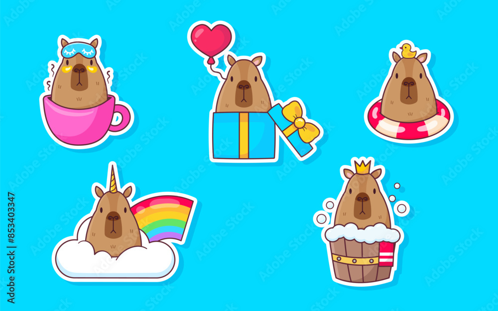 Set of cute capybara stickers. Vector cartoon illustration Stock Vector ...