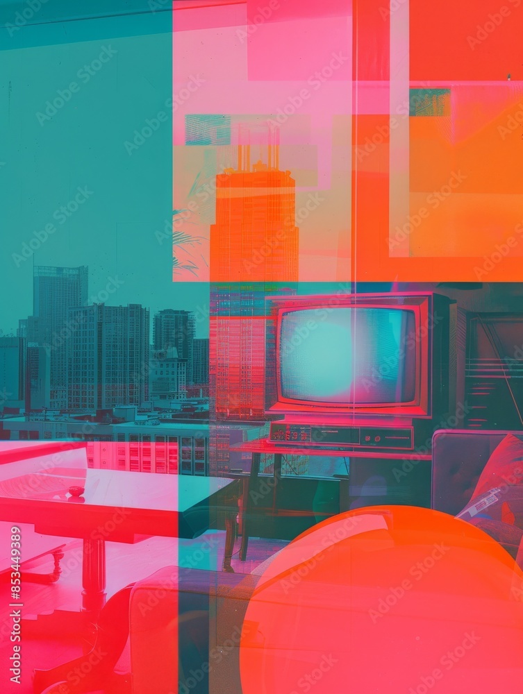 Psychedelic Vision of a 1950s Living Room with Television Static and ...