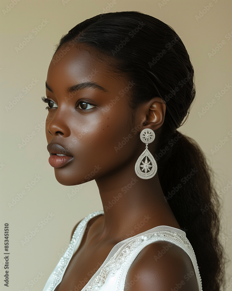 Jewelry lookbook, side profile black woman model with long natural ...