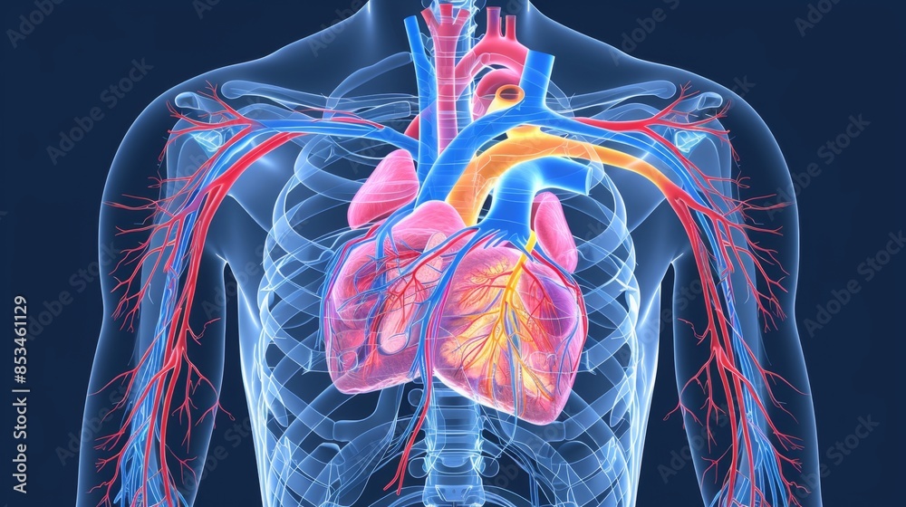 Clear depiction of the human heart in a transparent torso, illustrating ...
