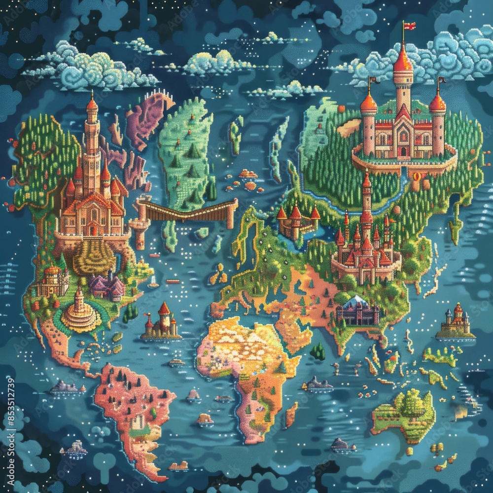 Retro video game world map, with pixelated continents and vintage ...