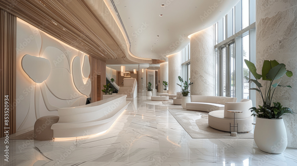 A contemporary organic hotel lobby, sculptural white oak concierge desk ...