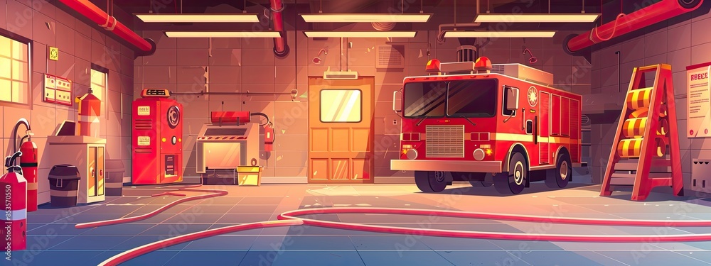View inside the fire station. A garage with a fire truck standing ...