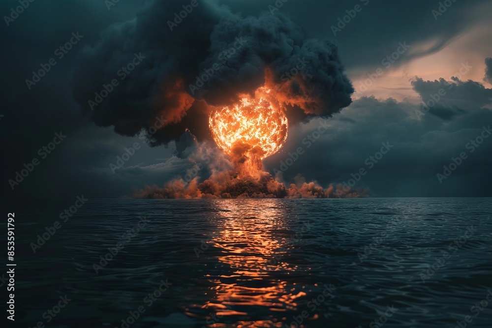 Surreal explosion over water showcasing fiery explosion in dark sky ...