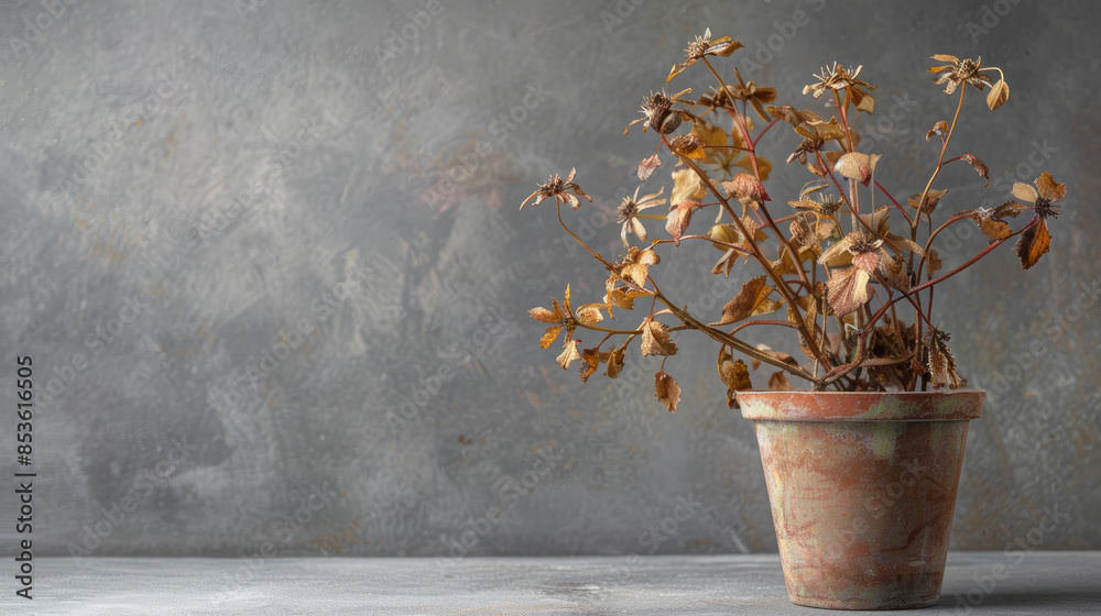 Parched plant in a pot against a gray background. The flower has ...