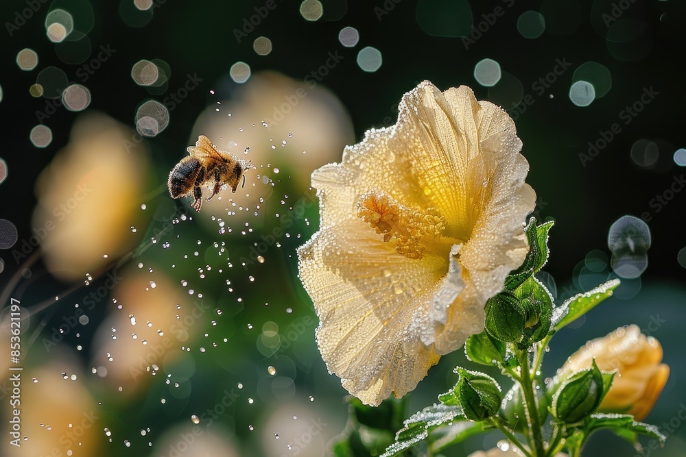 A detailed shot of a bee pollinating a flower, highlighting the ...