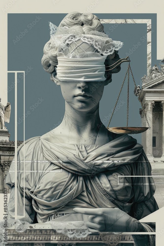 Reinterpretation of lady justice, Themis a collage capturing the ...