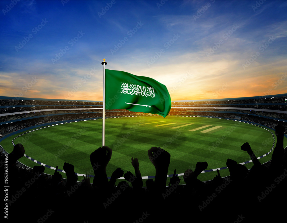Waving Saudi Arabia flag with background cricket stadium Stock ...