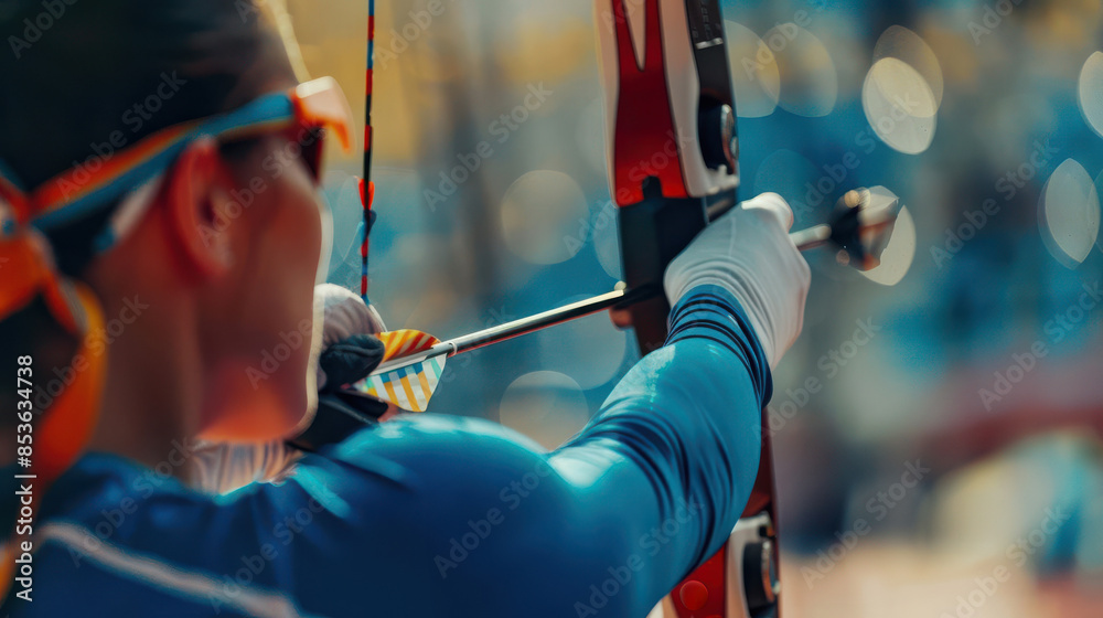 Closeup of an Olympic archer aiming at a target, 2024 Olympics branding ...