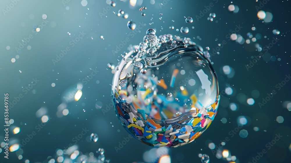 Close-up of microplastics floating in clear water, highlighting the ...