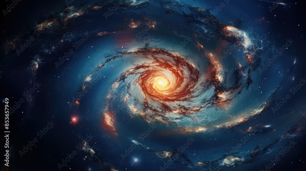 Photograph of a majestic spiral galaxy, its arms adorned with glowing ...