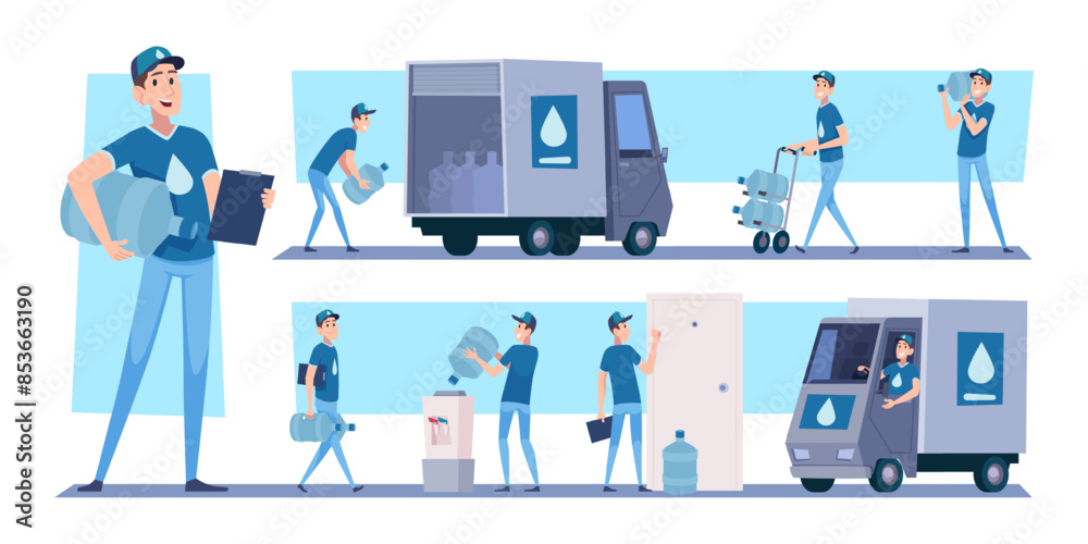 Water delivery. Service people transporting water plastic bottles exact ...