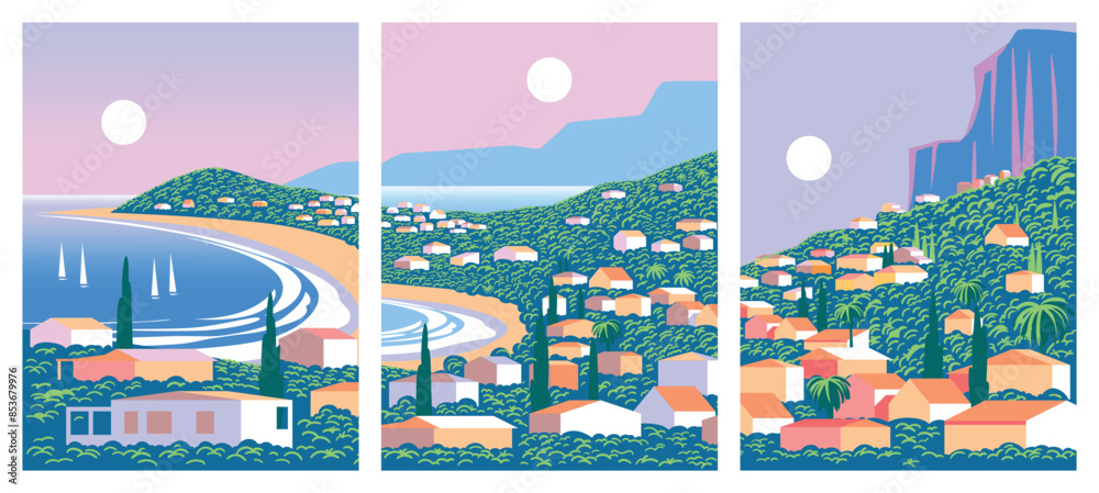 Set of posters with Mediterranean romantic landscapes with houses in ...