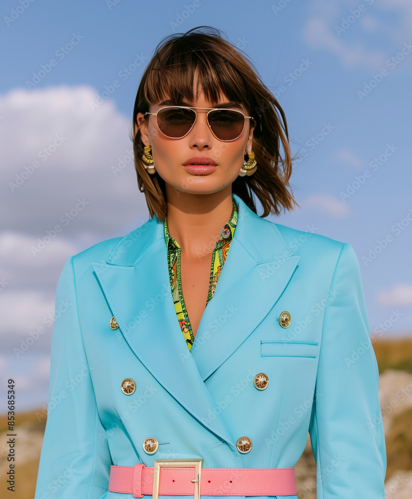 Fashion editorial photo of a model wearing an oversized blue jacket ...