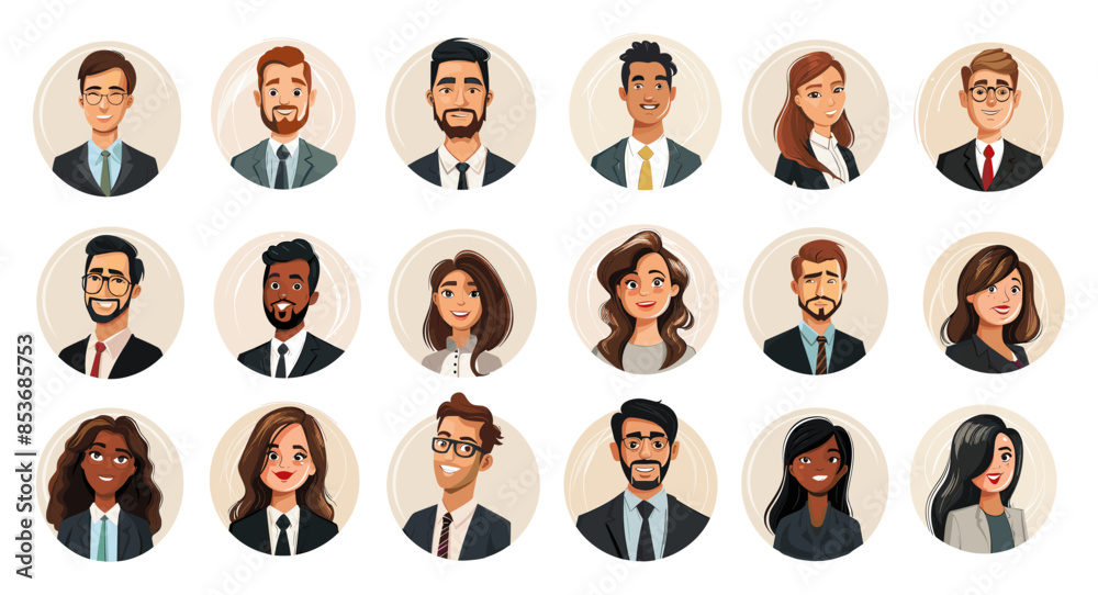 Cartoon Business People Avatars in Circles Set. Simple Style White ...
