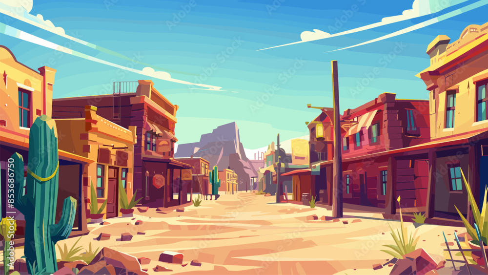 Cartoon deserted street in a small American western-style town. Wild ...