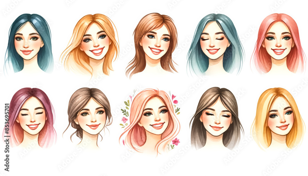 A diverse set of ten smiling female anime avatars with various hair ...