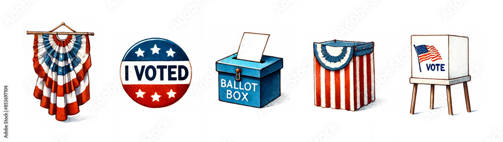 Patriotic voting symbols including a ballot box, I Voted badge, and ...