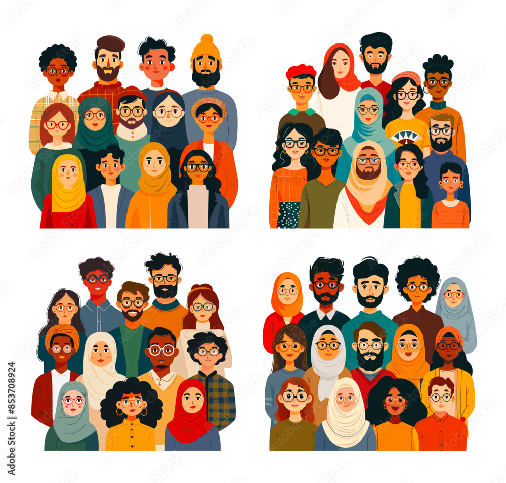 Multicultural crowd cartoon vector illustration. Women men hijab ...