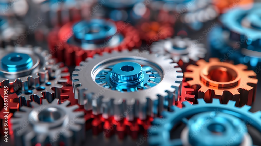 Interlocking gears and cogs with blue and red details illustrating the ...