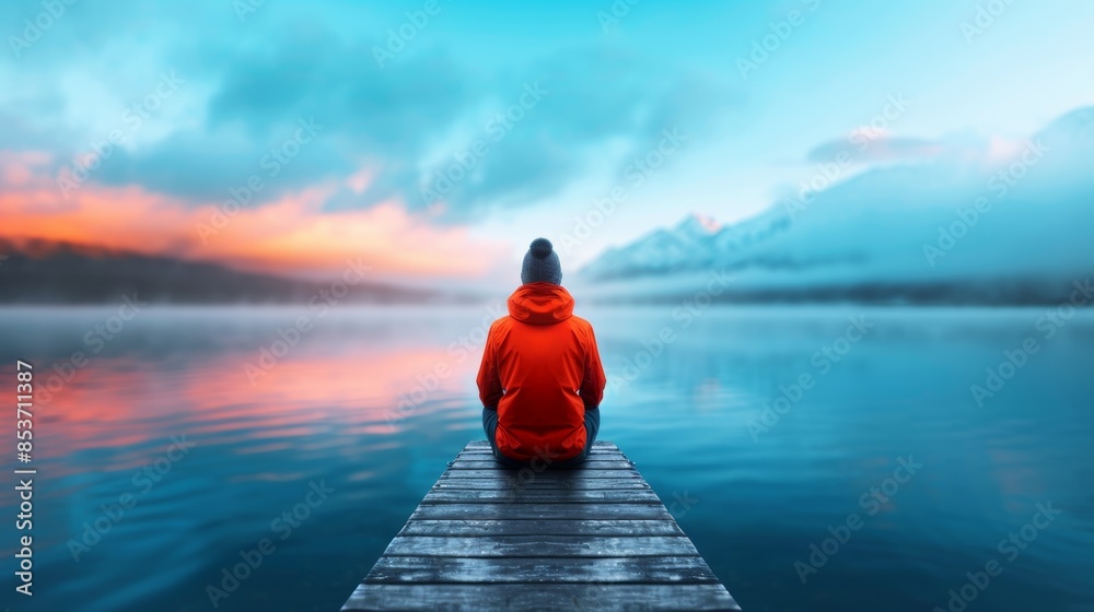 Person in a red jacket sits on a pier facing a serene lake at sunrise ...
