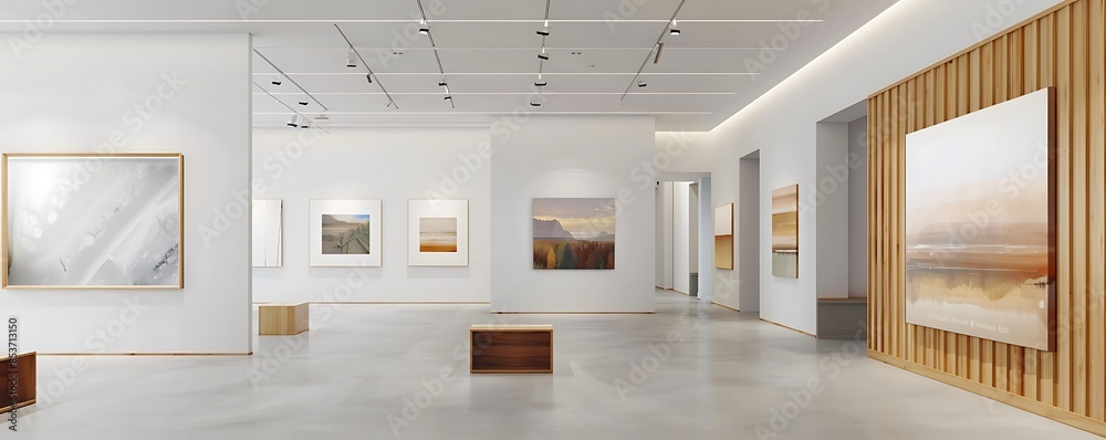 A refined art gallery with minimalist white walls and wooden accents ...