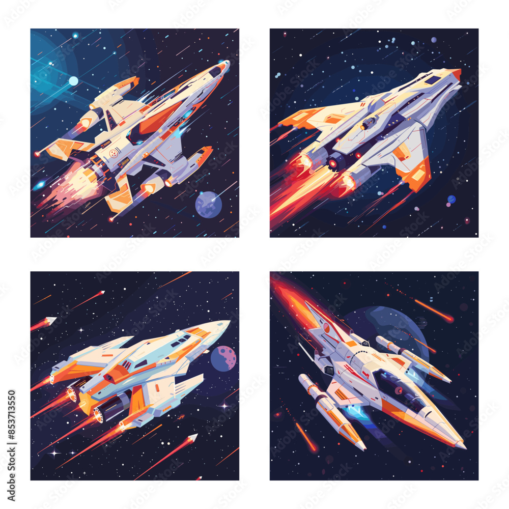 Star fighter gaming poster cartoon vector concepts. Spaceship stars ...