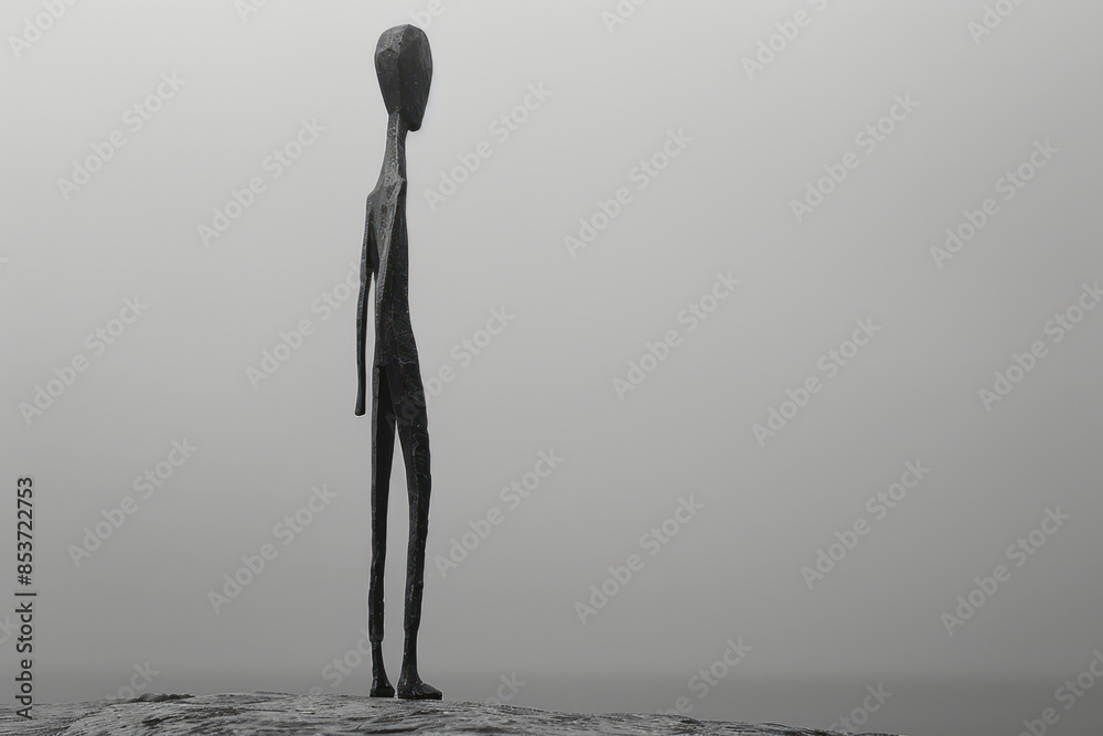 Minimalist image of a steel sculpture depicting a human figure, set ...