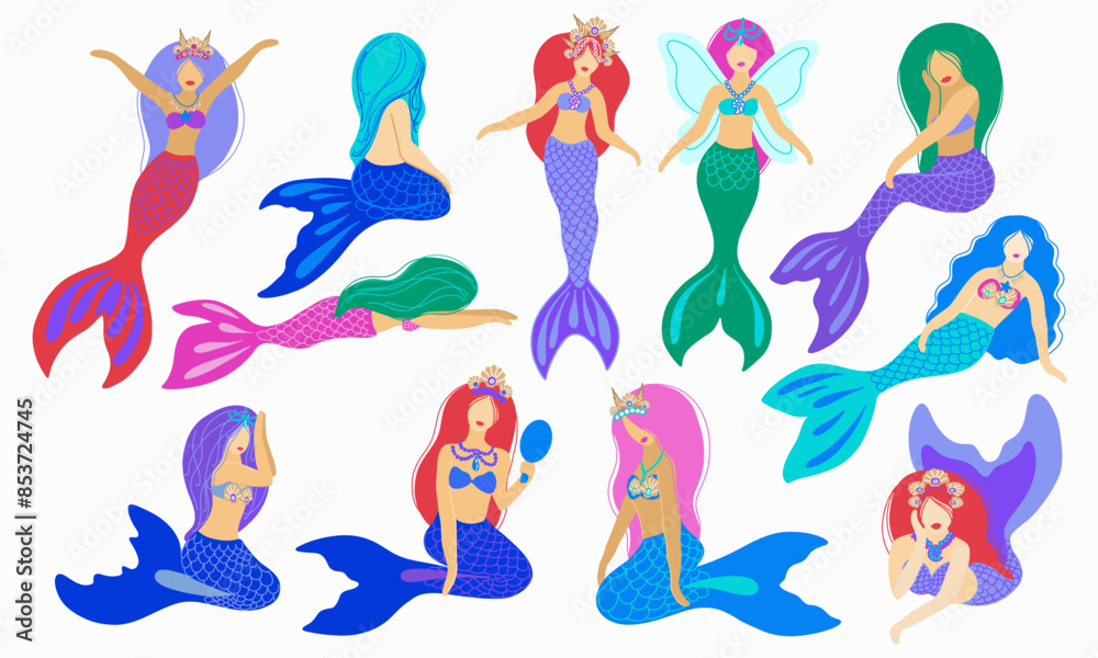 Cute little mermaid clipart set. Vector illustration. Kids birthday ...