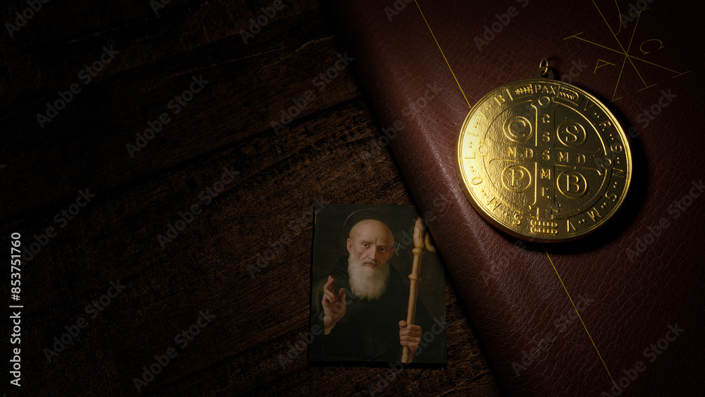 The Saint Benedict medal with an image of Saint Benedict with crozier ...