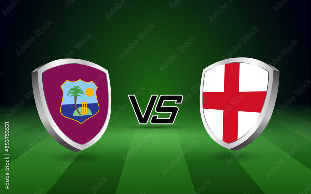 West indies vs England flag shields on a green field backdrop are icons ...