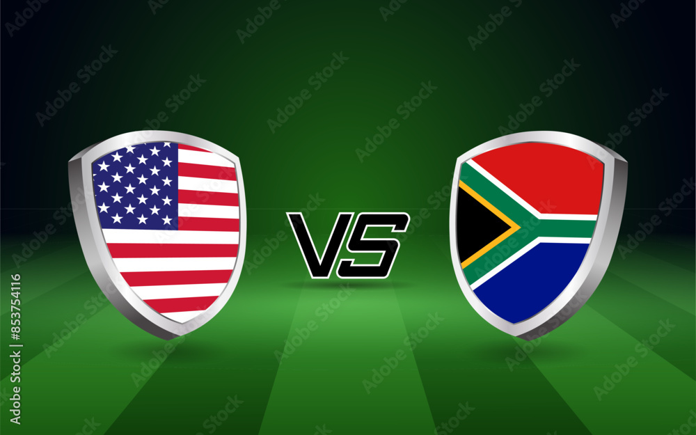 USA vs South Africa flag shields on a green field backdrop are icons of ...