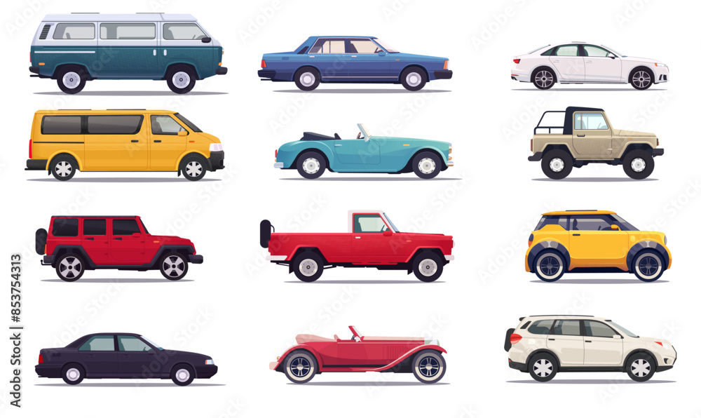 Various car illustrations, flat graphic style, white background ...