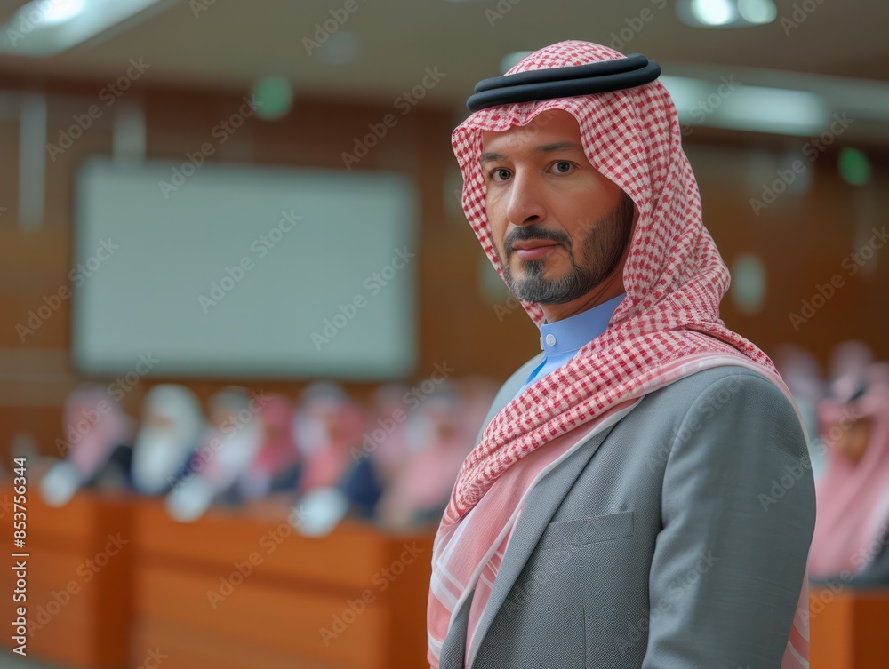 Saudi businessman presenting in conference room, standing and talking ...