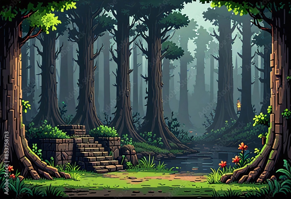 asset for a bit pixel platform mobile game,dirt grass wood tree bush ...