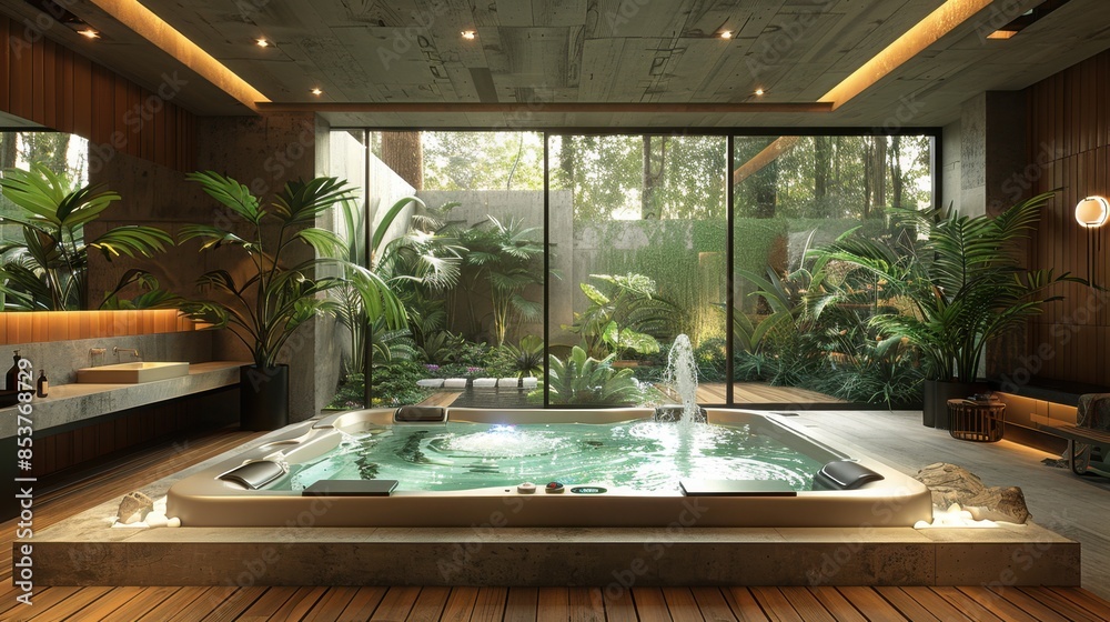 Relaxing spa interior featuring a large, inviting jacuzzi set amidst ...