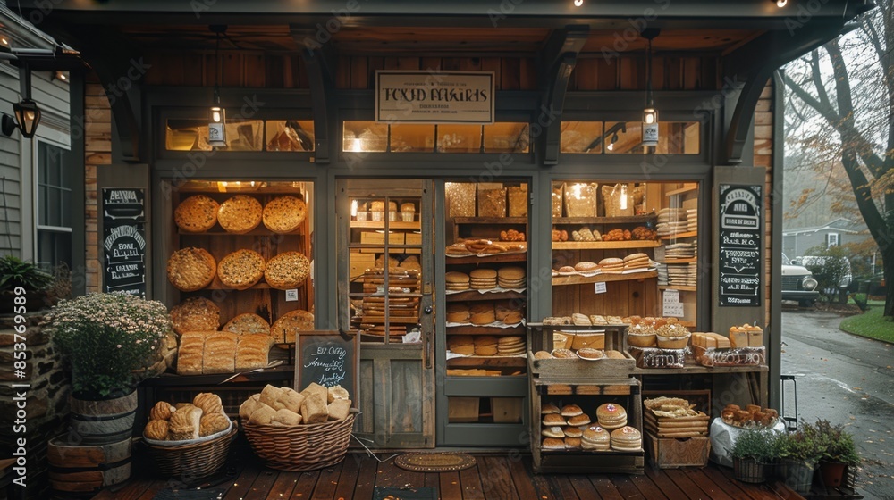 A charming small-town bakery with a welcoming exterior, complete with ...