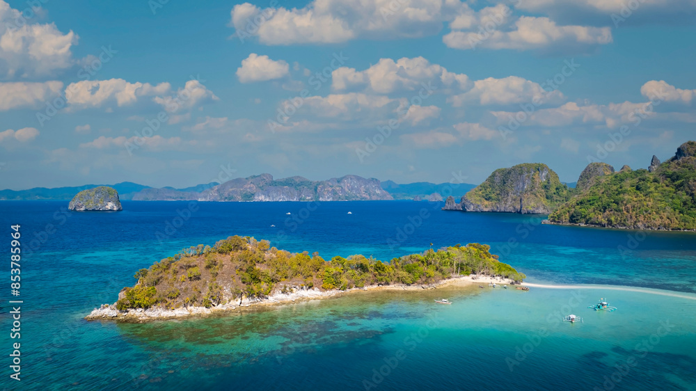 Aerail view of tropical exotic island sand bar separating sea in two ...