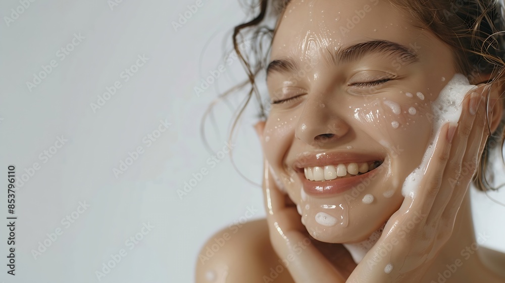 ภาพถ่าย Stock Close up portrait of beautiful woman clean her skin with ...