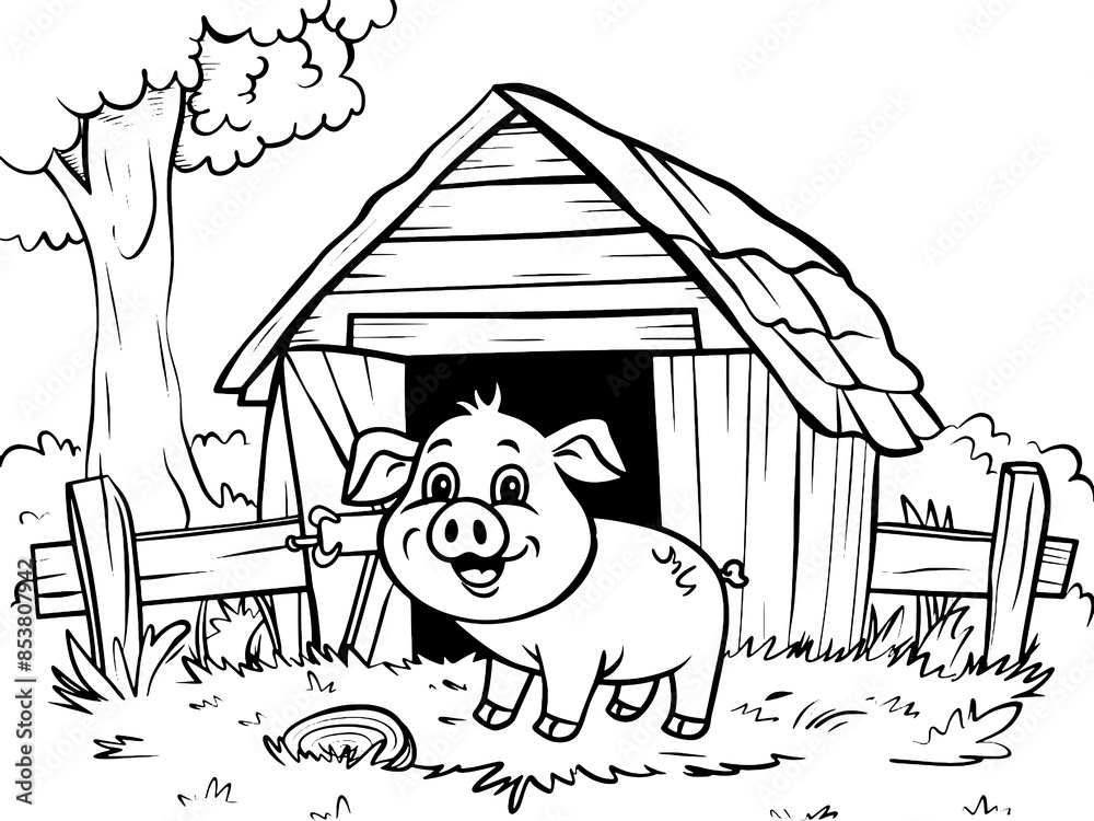 Children picture, coloring book. Barn in an agricultural yard with a ...