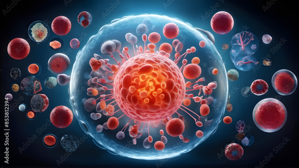 An animated sequence showing the life cycle of a cell from birth to ...