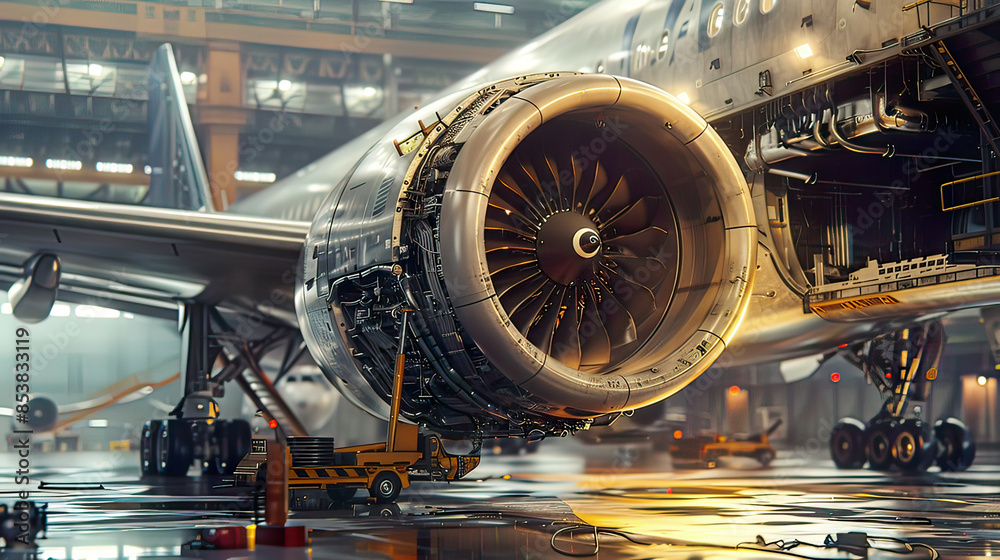 Hyper-realistic image: Big airplane engine under maintenance pr ...