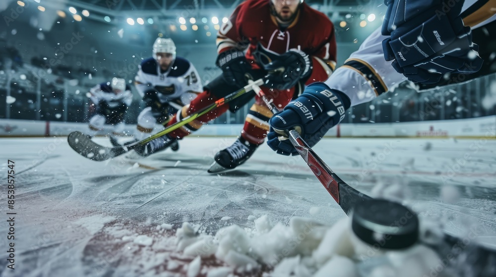 Intense ice hockey action close up of players battling, striking puck ...