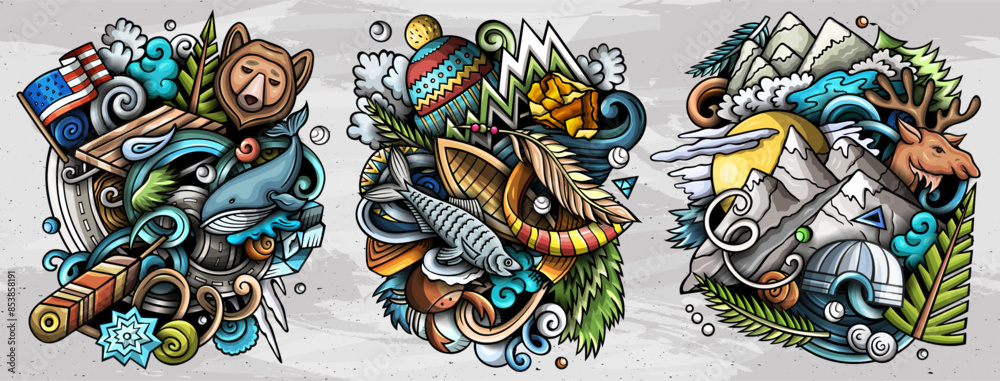 Alaska cartoon vector doodle designs set. Colorful detailed ...