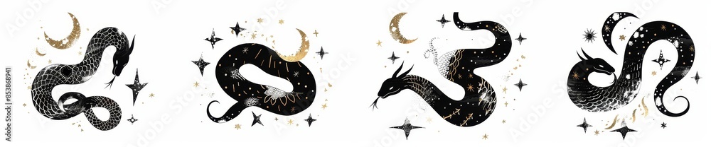 Snake tattoo designs with floral snakes, crescent moons, star phases ...