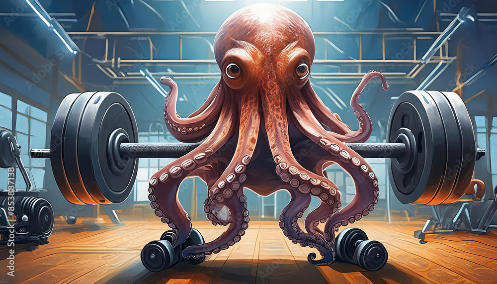 Anthropomorphic octopus lifting a barbell in the gym, weightlifting ...