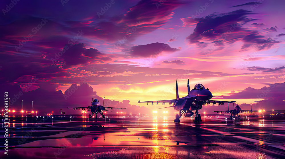 Hyper-realistic silhouette of fighter jets parked on a runway during ...