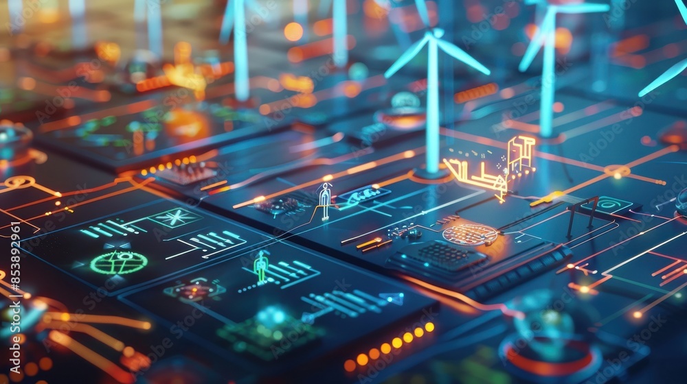 Futuristic digital interface with wind turbines and data visualizations ...
