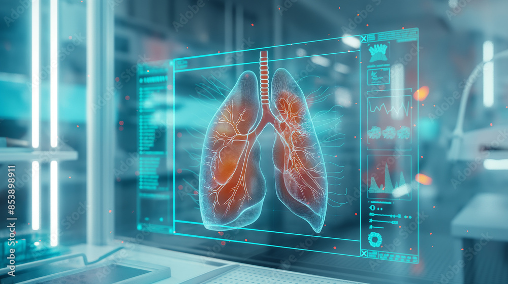 Hologram of human lungs in a modern medical research laboratory ...