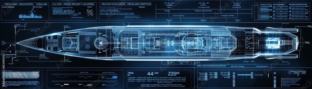 High-tech blueprint design of a modern ship with detailed schematics ...